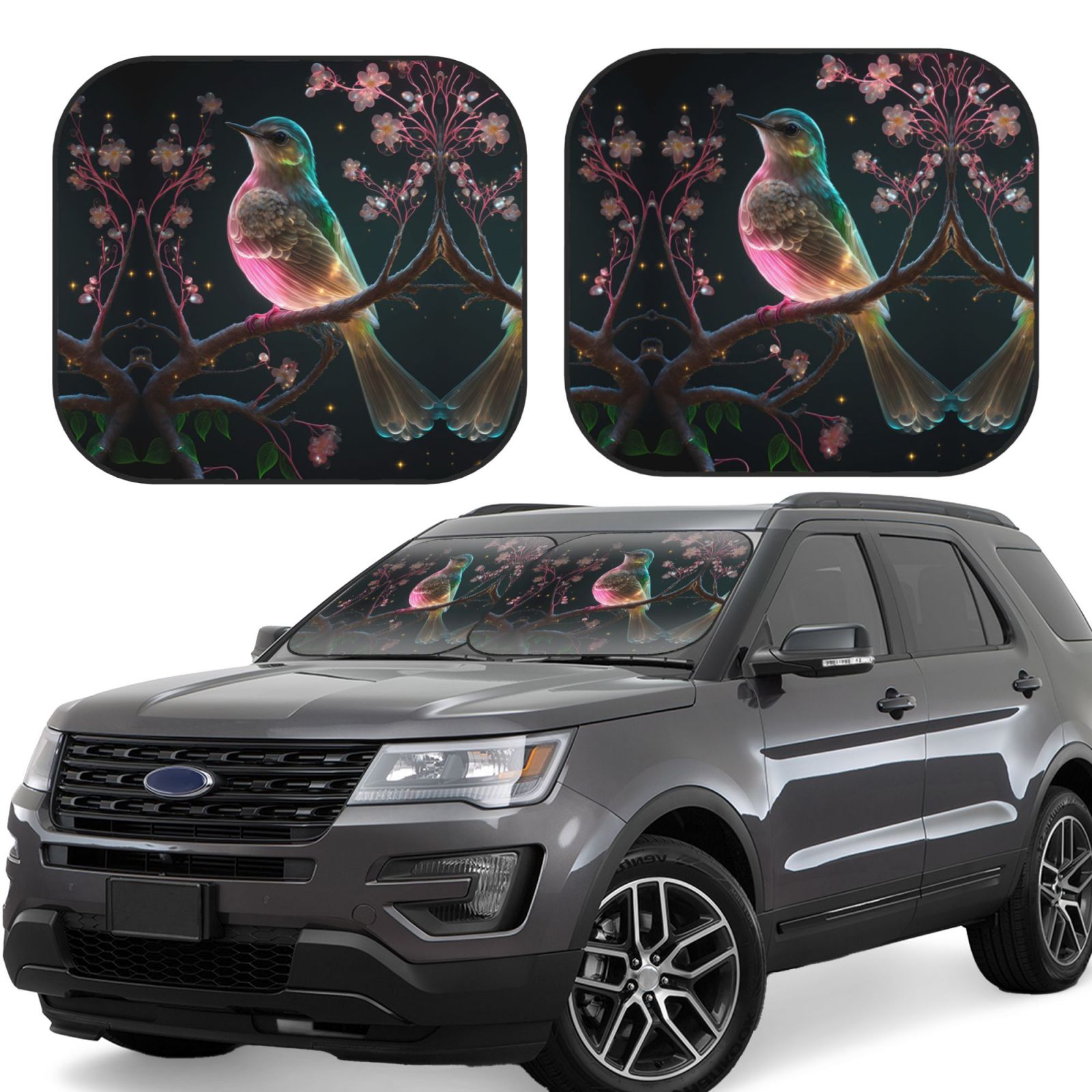 2 Piece Car Windshield Sun Shade - Pink Patterned Bird D Foldable Front ...