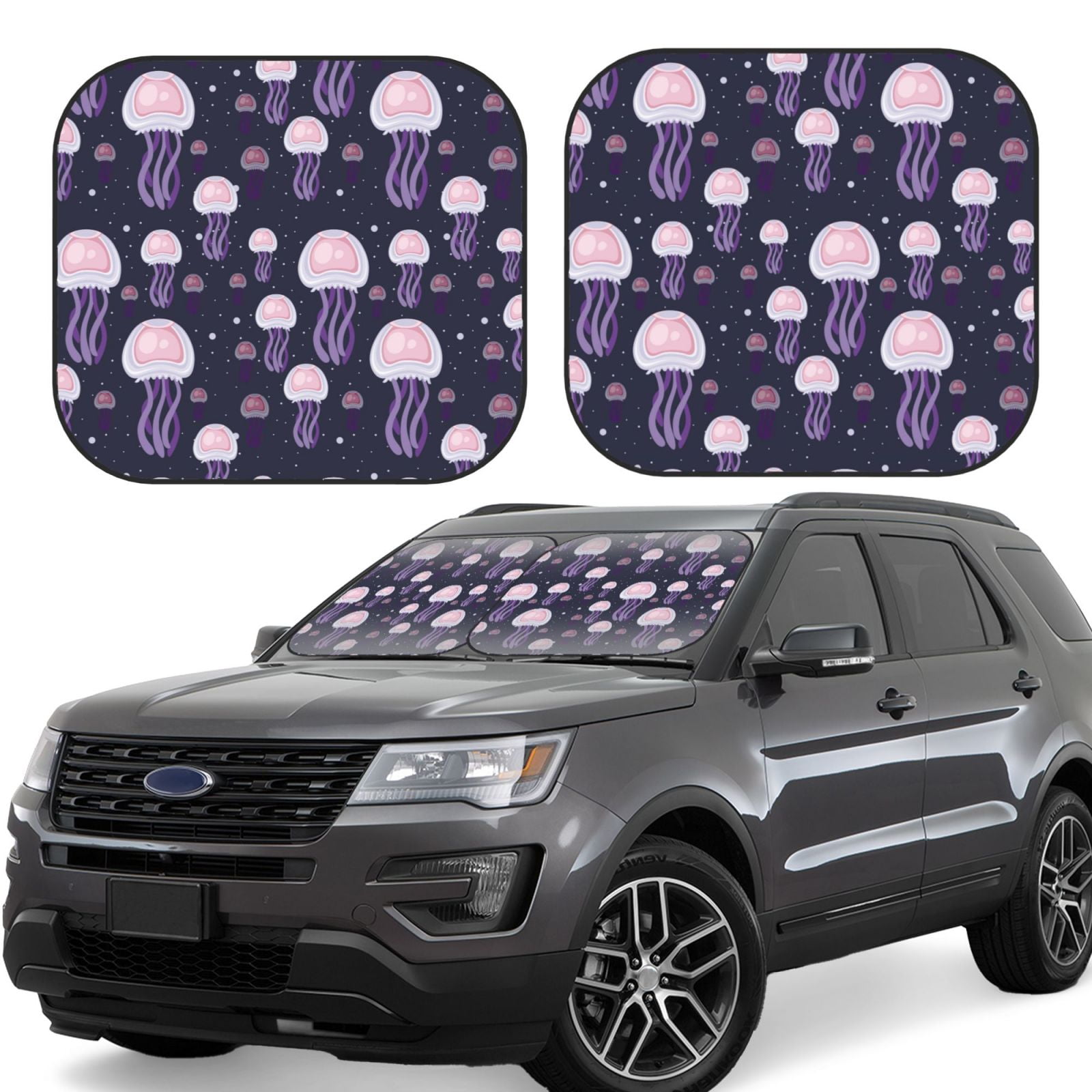 2 Piece Car Windshield Sun Shade - Pink Purple Jellyfish Foldable Front ...
