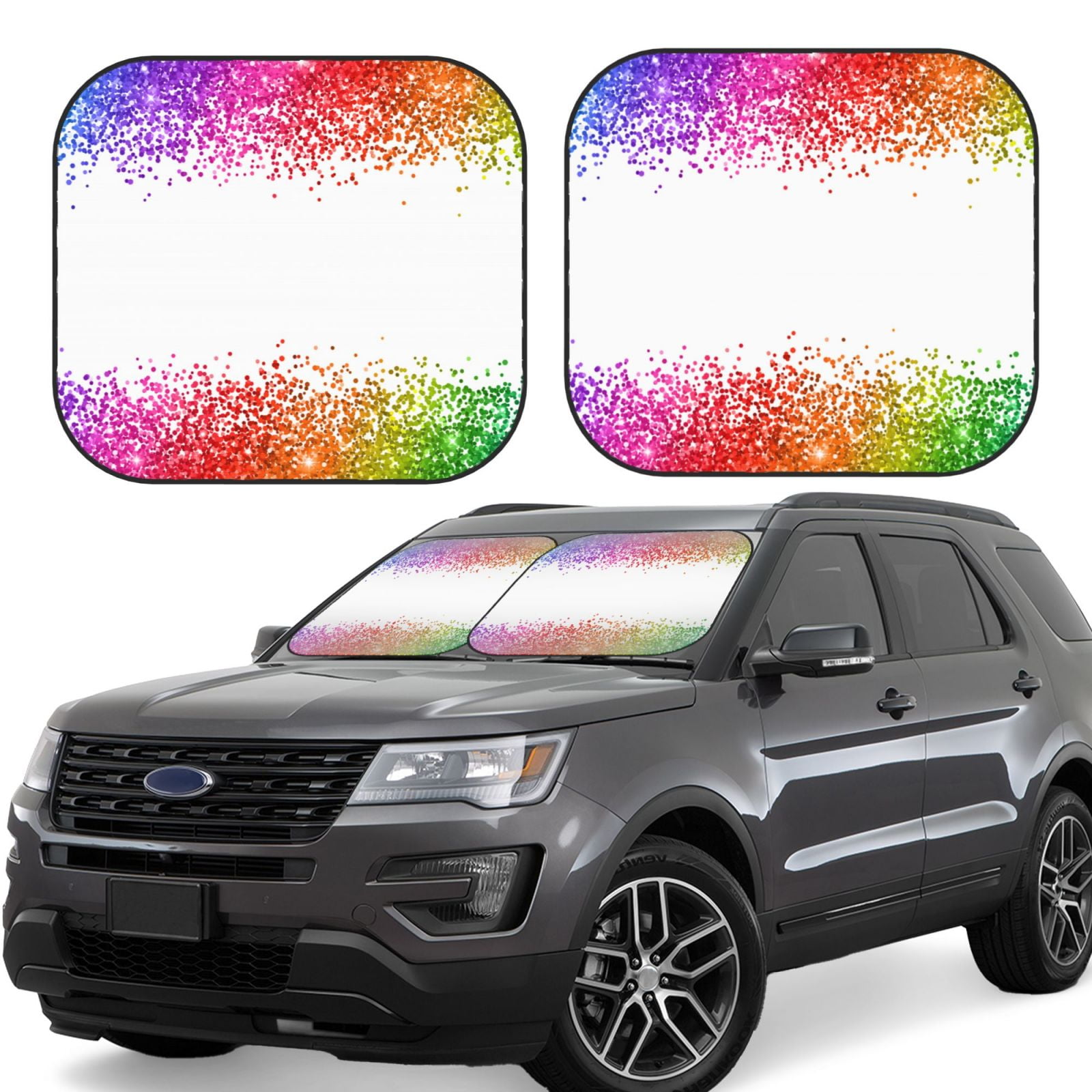 2 Piece Car Windshield Sun Shade - Rainbow Glitter Frame Foldable Front ...