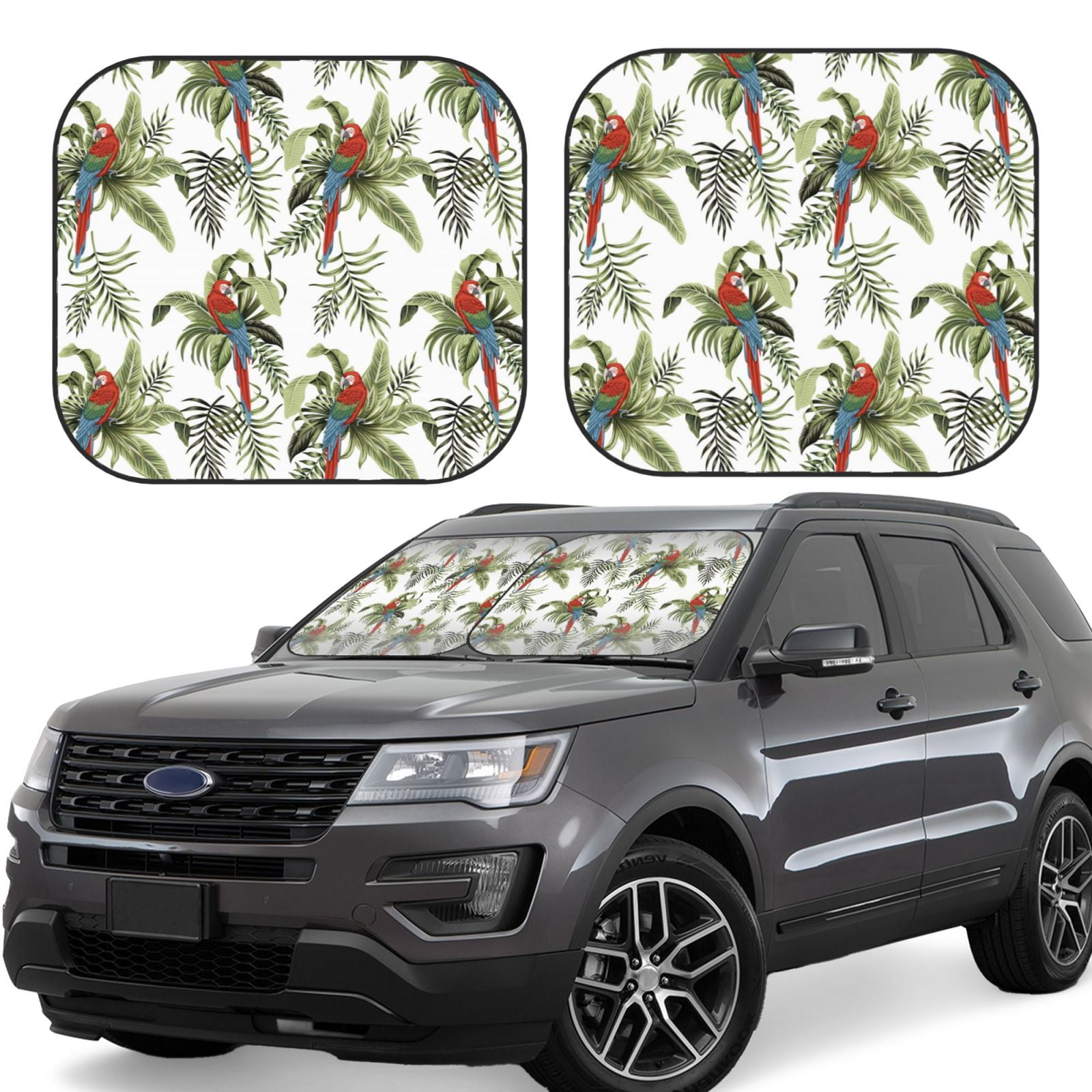 2 Piece Car Windshield Sun Shade - Red Gold Cute Macaw Parrot Plant ...