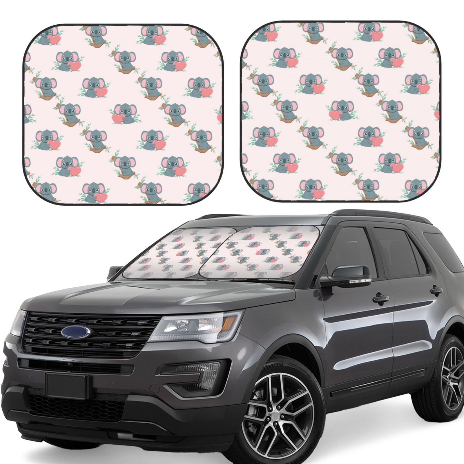 2 Piece Car Windshield Sun Shade - Red Heart Dark Gray Koala Foldable ...