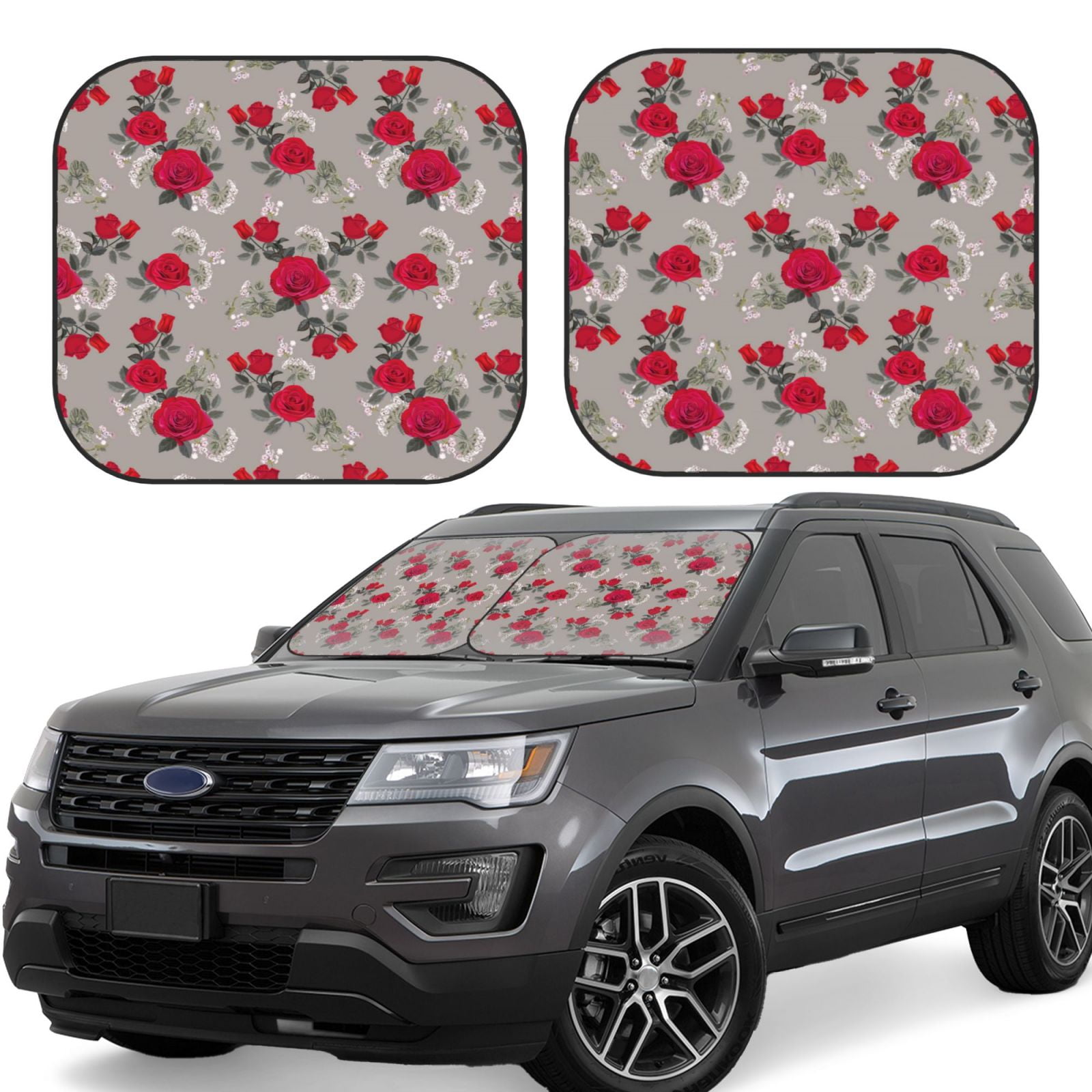 2 Piece Car Windshield Sun Shade - Red Rose Flowers Foldable Front Car ...