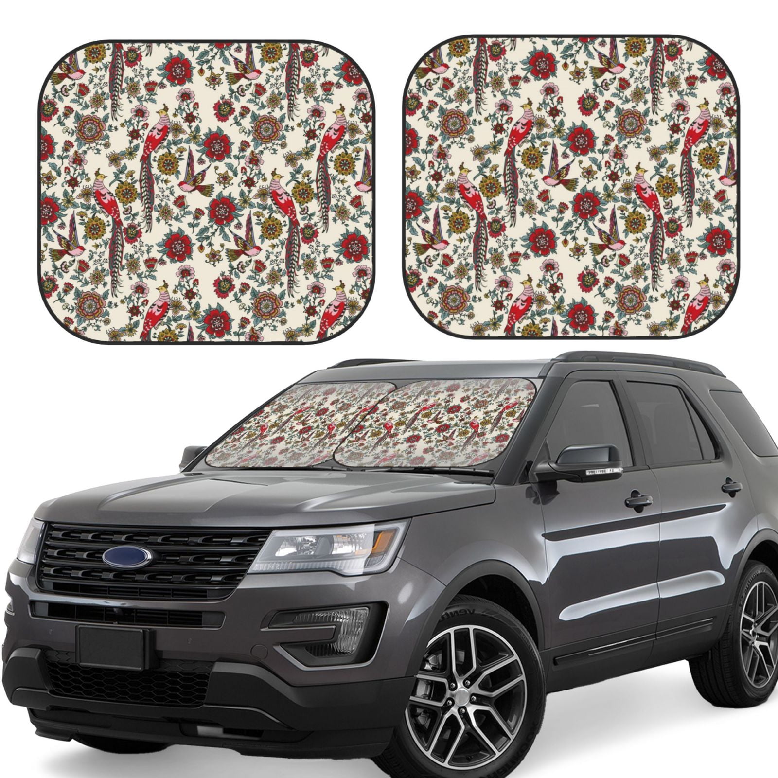 2 Piece Car Windshield Sun Shade - Red Yellow Flowers And Birds ...