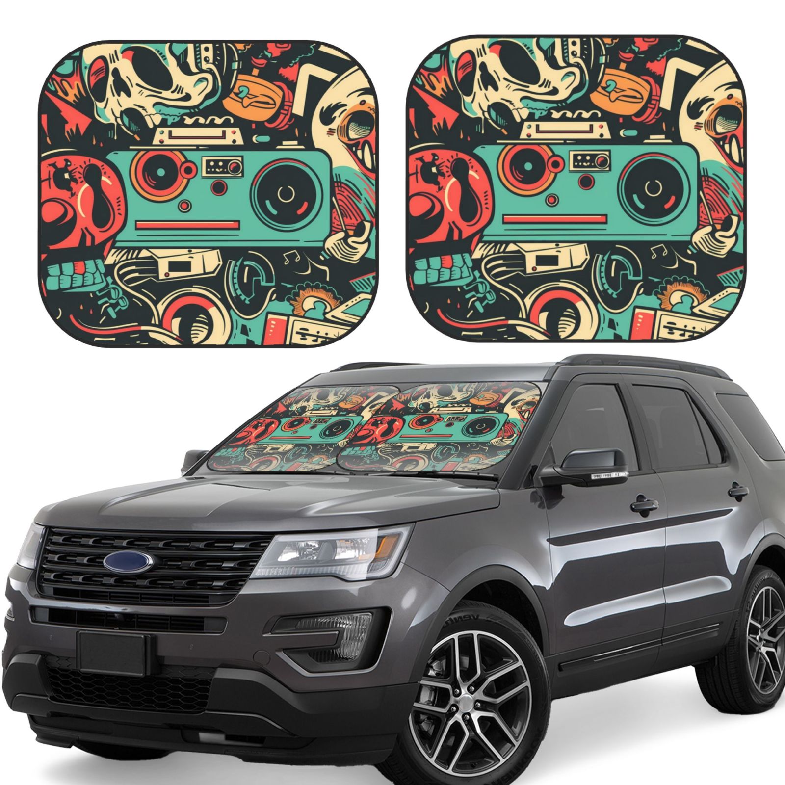 2 Piece Car Windshield Sun Shade - Retro Pop Art Collage Foldable Front ...