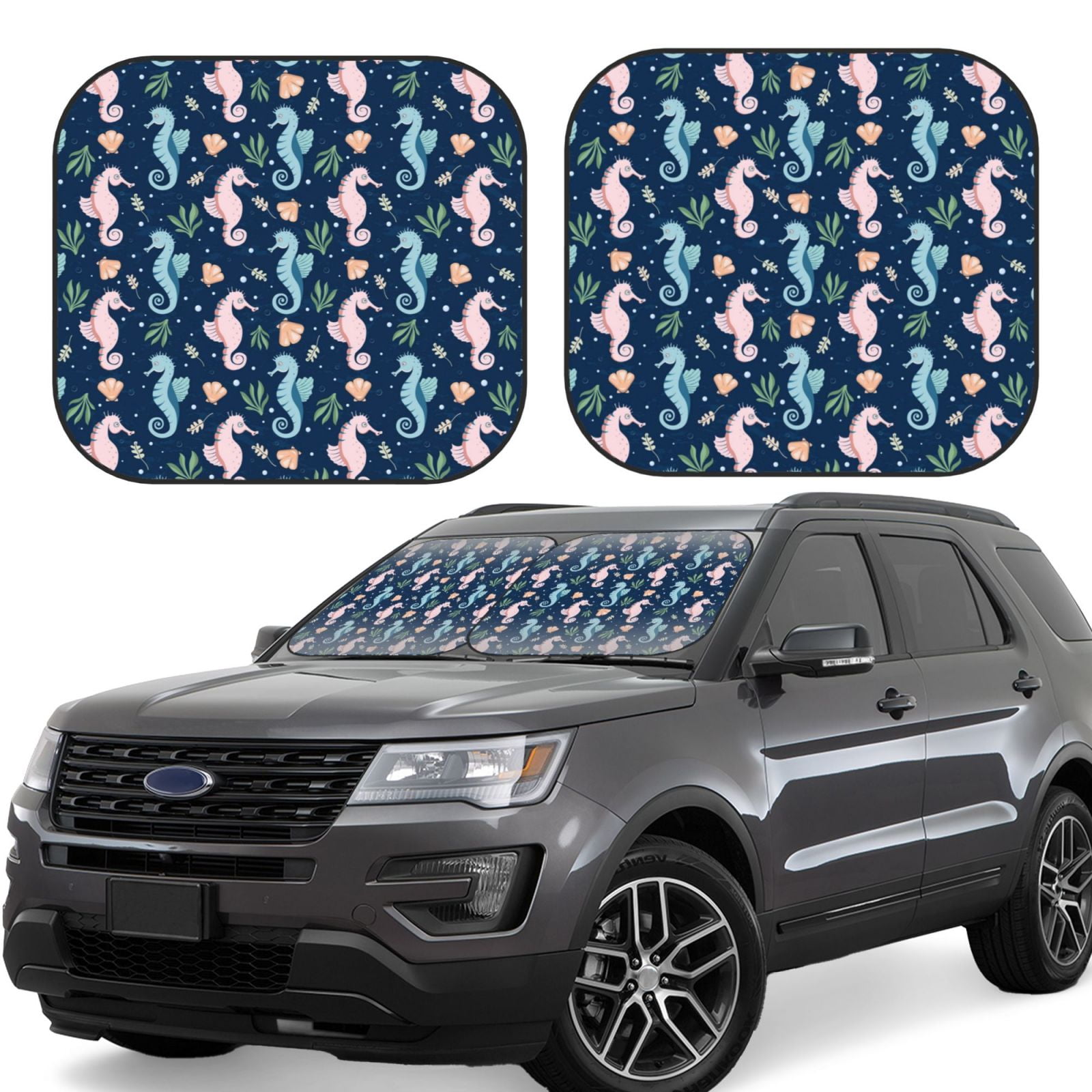 2 Piece Car Windshield Sun Shade - Seahorses And Plants Foldable Front ...