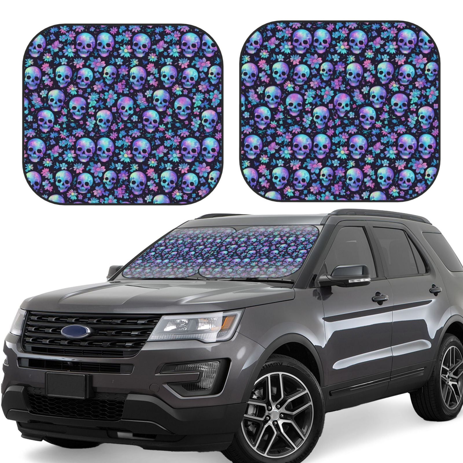 2 Piece Car Windshield Sun Shade - Skull Purple Flower Foldable Front ...