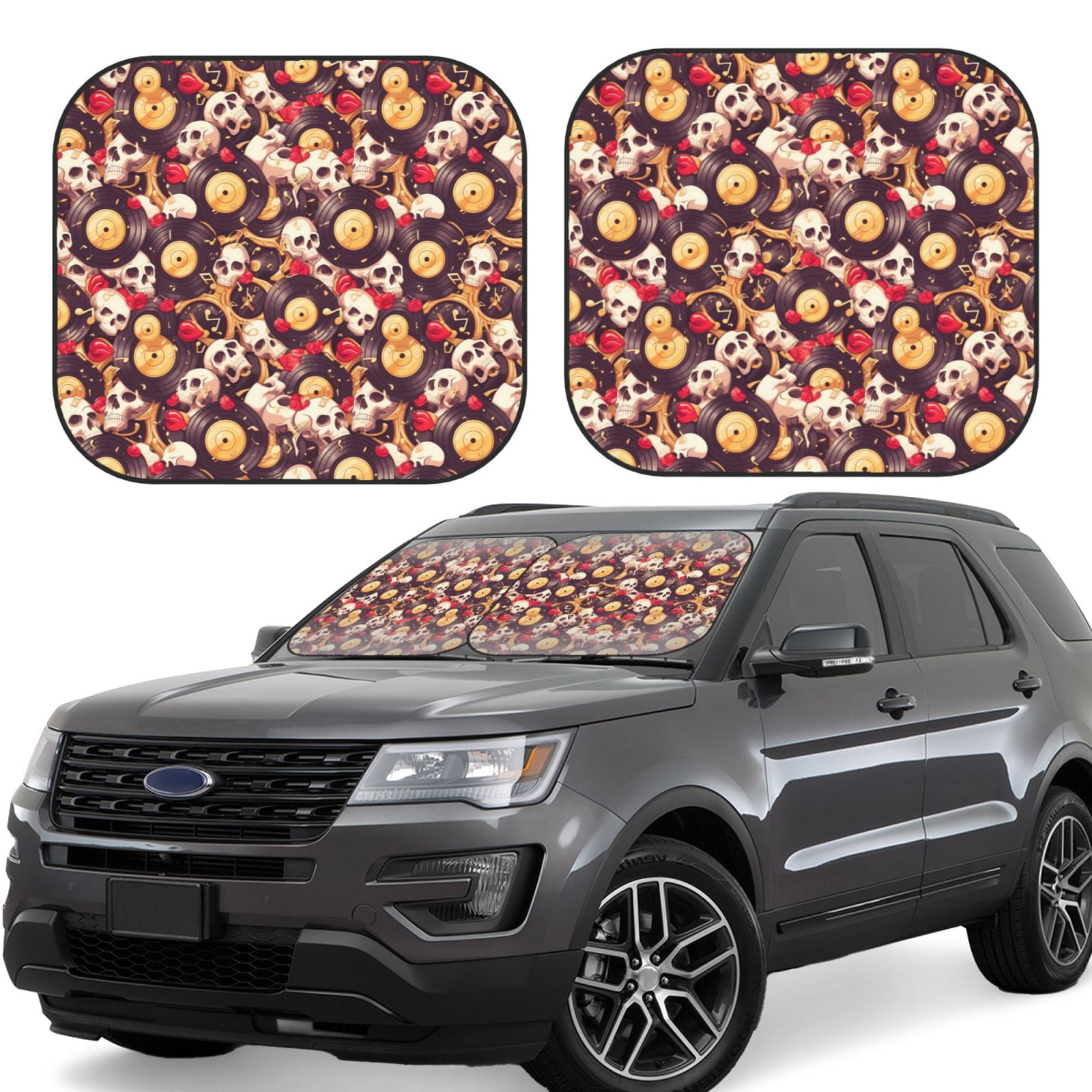 2 Piece Car Windshield Sun Shade - Skull Record Lips Foldable Front Car ...