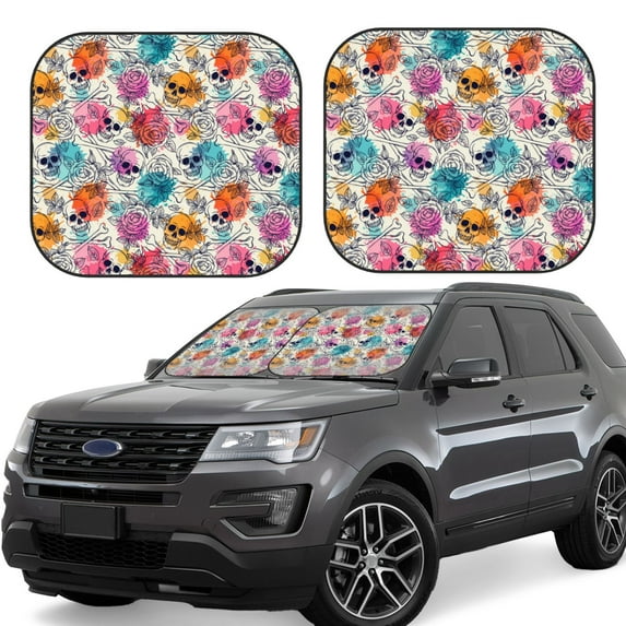 2 Piece Car Windshield Sun Shade - Skulls And Roses Foldable Front Car ...