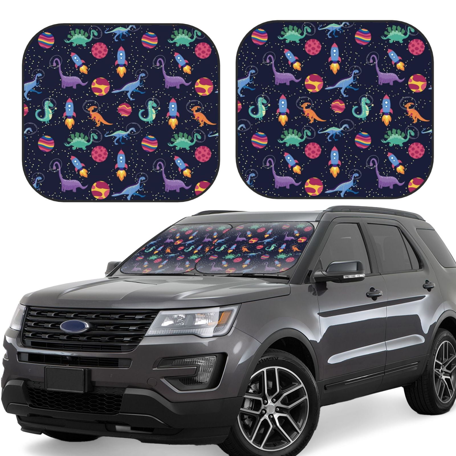 2 Piece Car Windshield Sun Shade - Space Dinosaur A Foldable Front Car ...