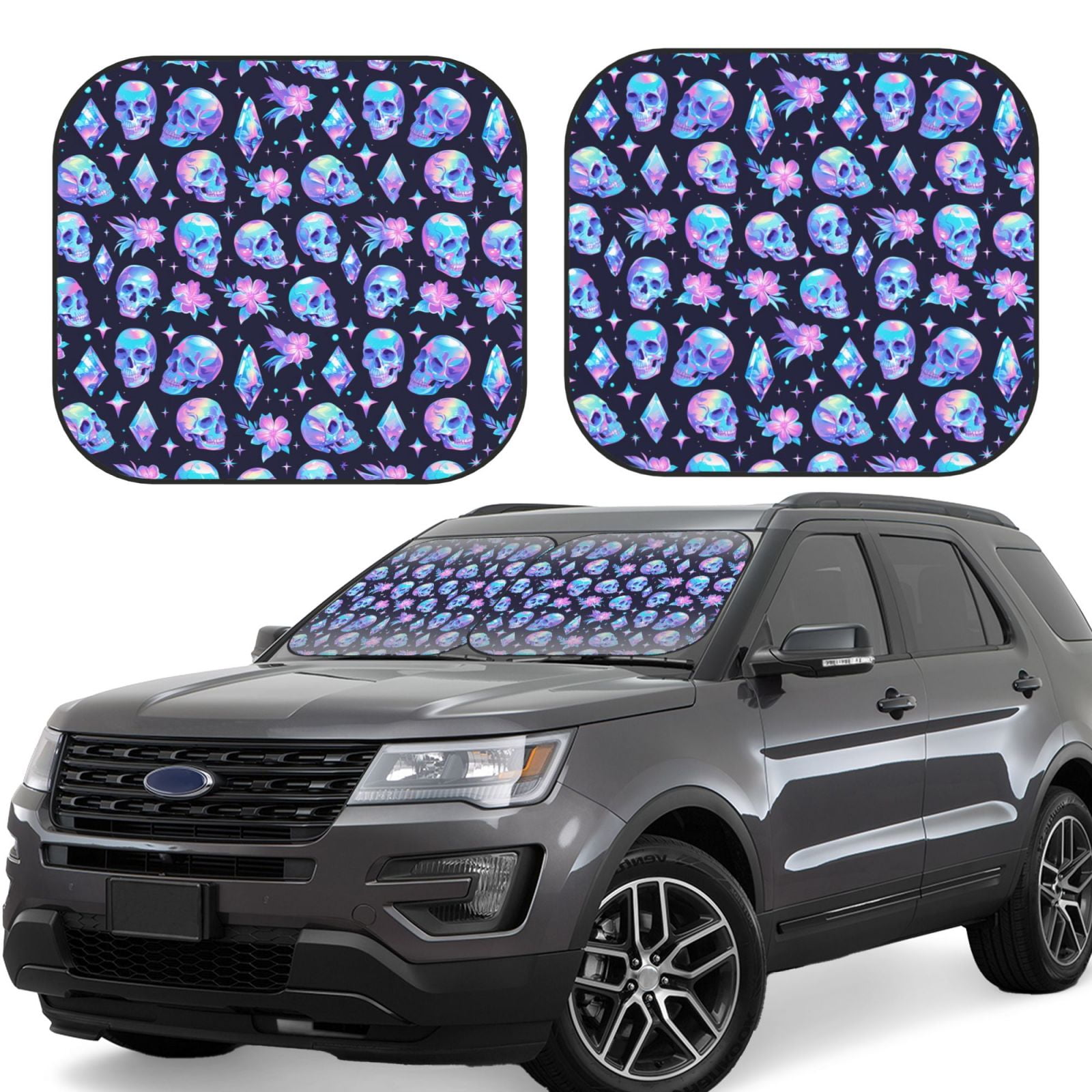 2 Piece Car Windshield Sun Shade - Star Skull Flower Crystal Foldable ...