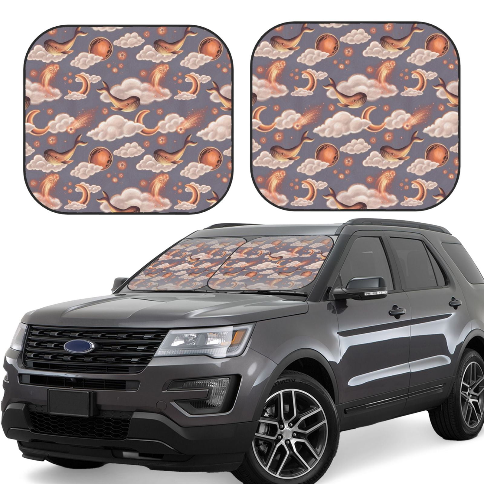 2 Piece Car Windshield Sun Shade - Star moon clouds Whales texture ...
