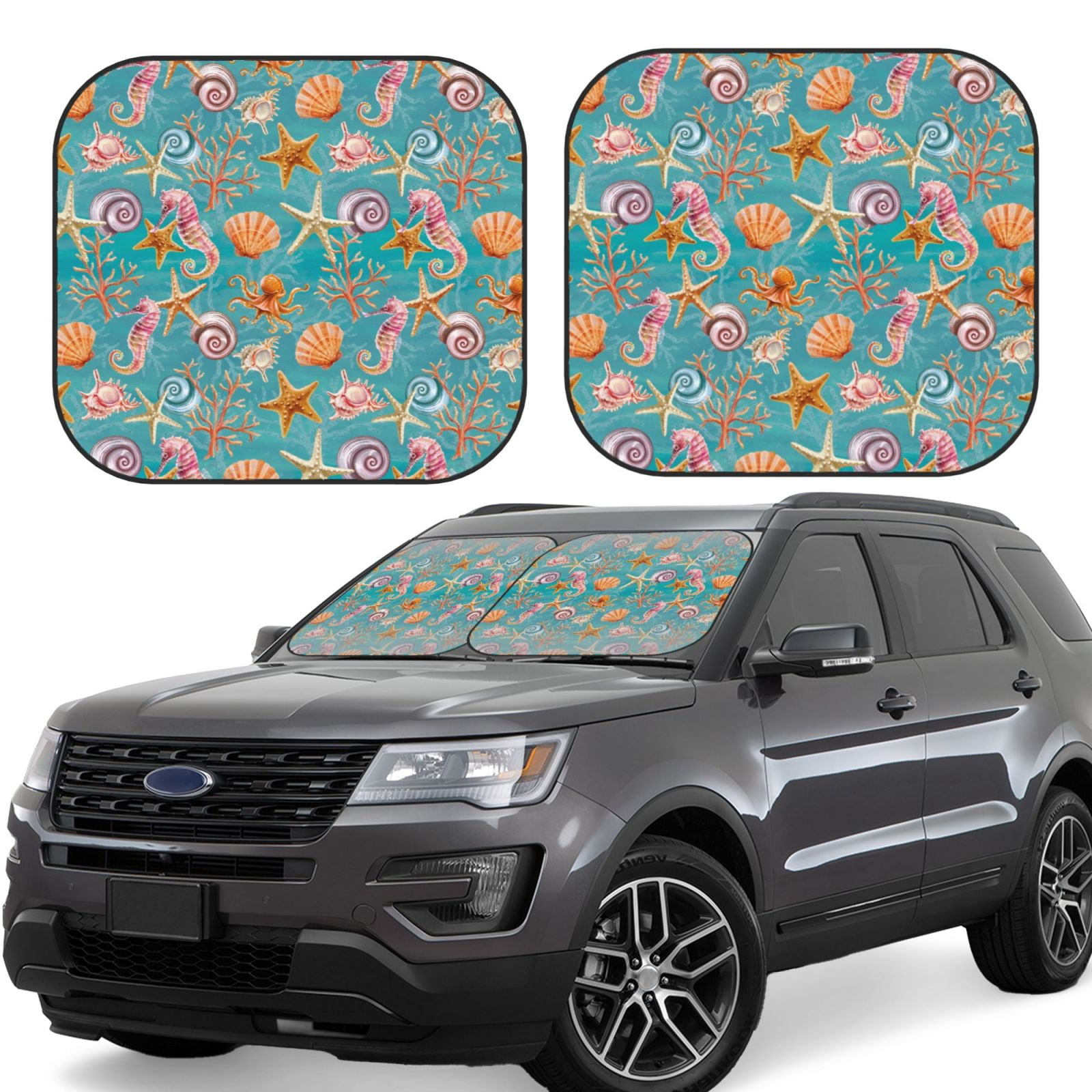 2 Piece Car Windshield Sun Shade - Starfish Seahorse Scallops Foldable ...