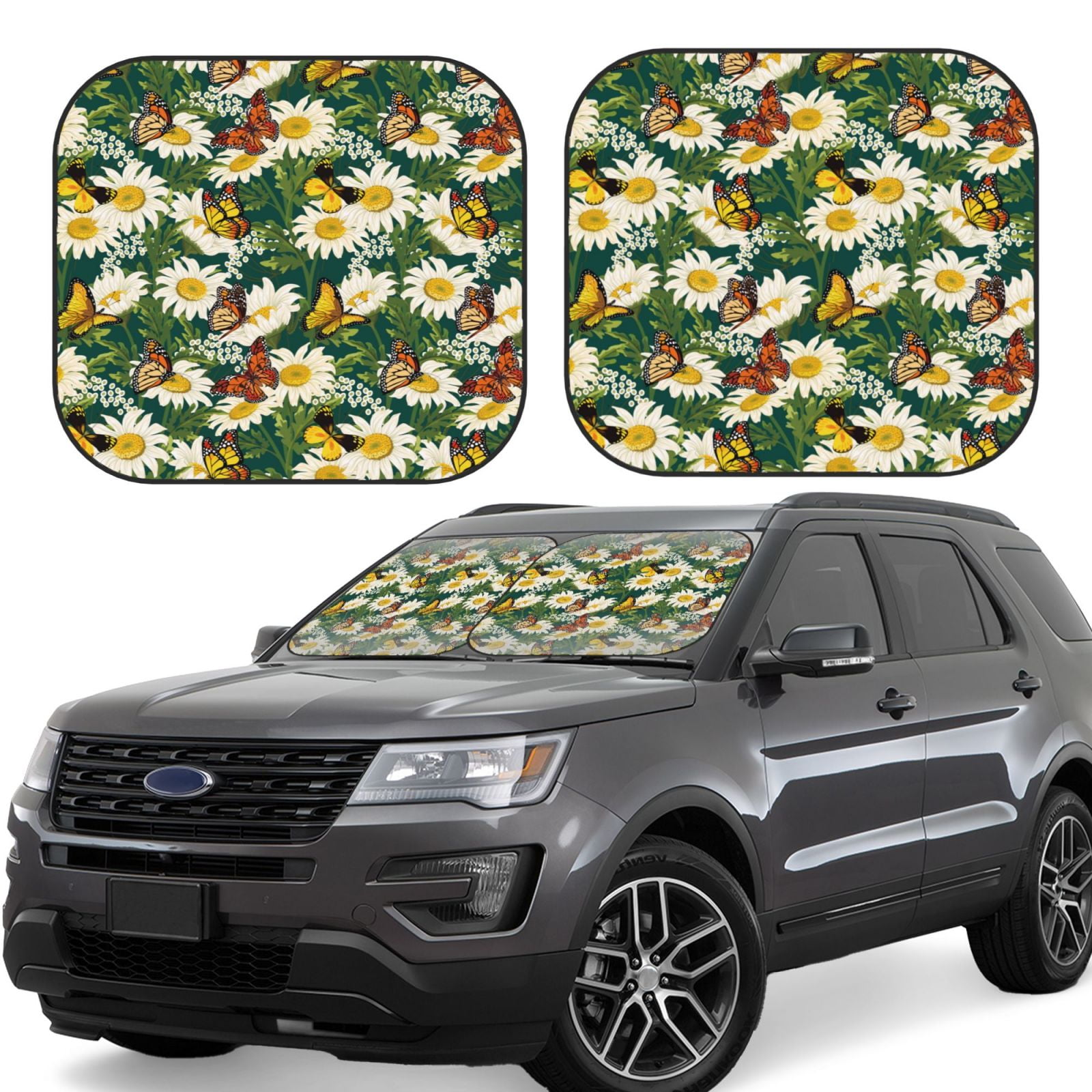 2 Piece Car Windshield Sun Shade - Sunflowers Butterfly Foldable Front ...