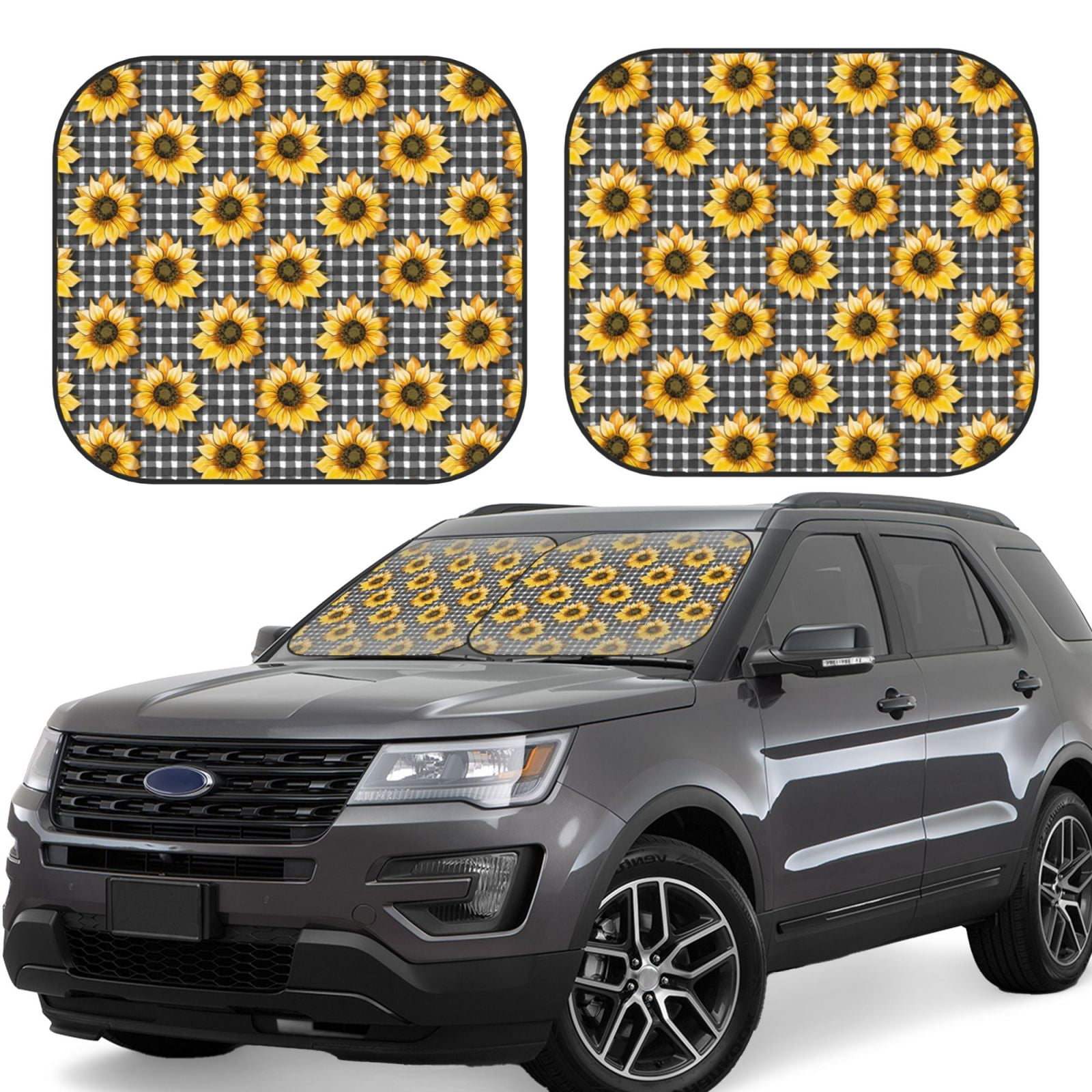 2 Piece Car Windshield Sun Shade - Sunflowers checkered grey white ...
