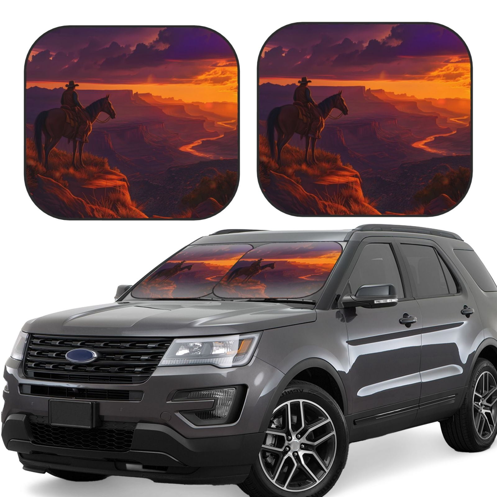 2 Piece Car Windshield Sun Shade - Sunset Valley Western Cowboy ...
