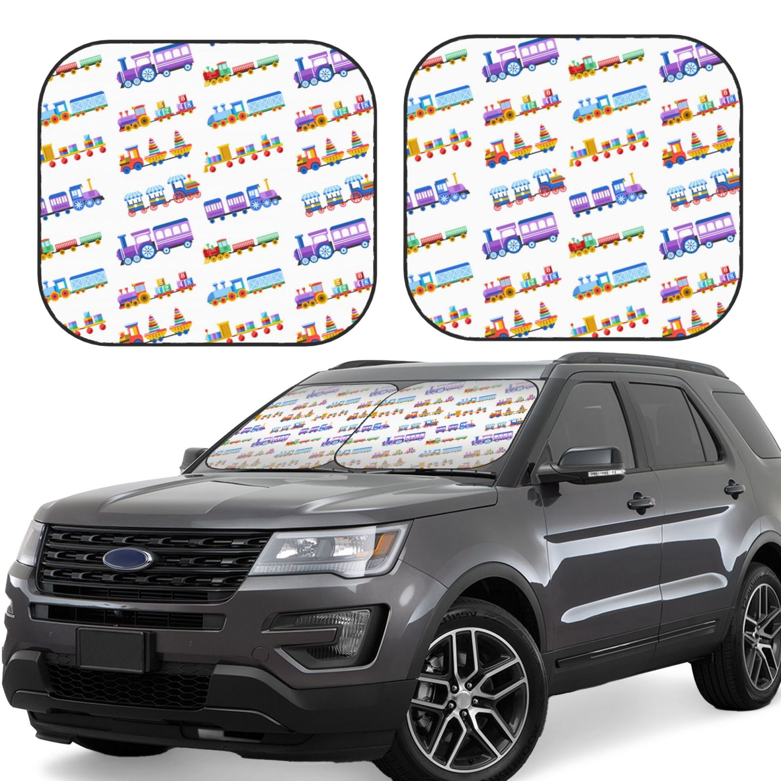2 Piece Car Windshield Sun Shade - Trains Colorful Pattern Foldable ...