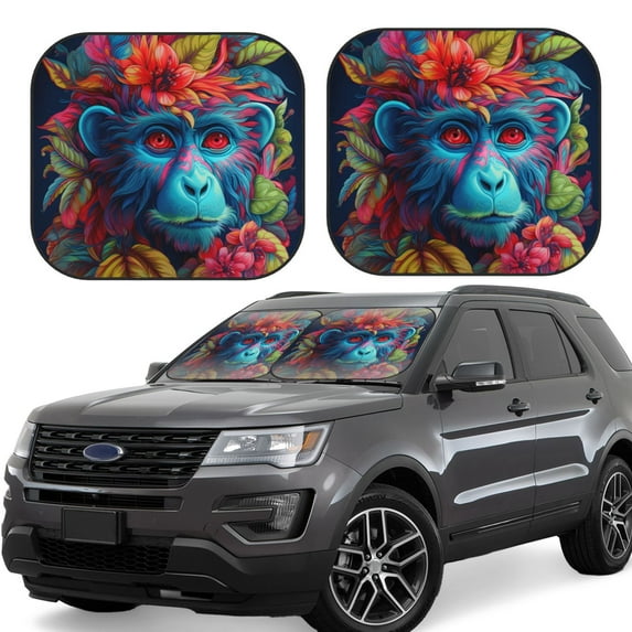 2 Piece Car Windshield Sun Shade - Tribal Style Flower Blue Monkey ...