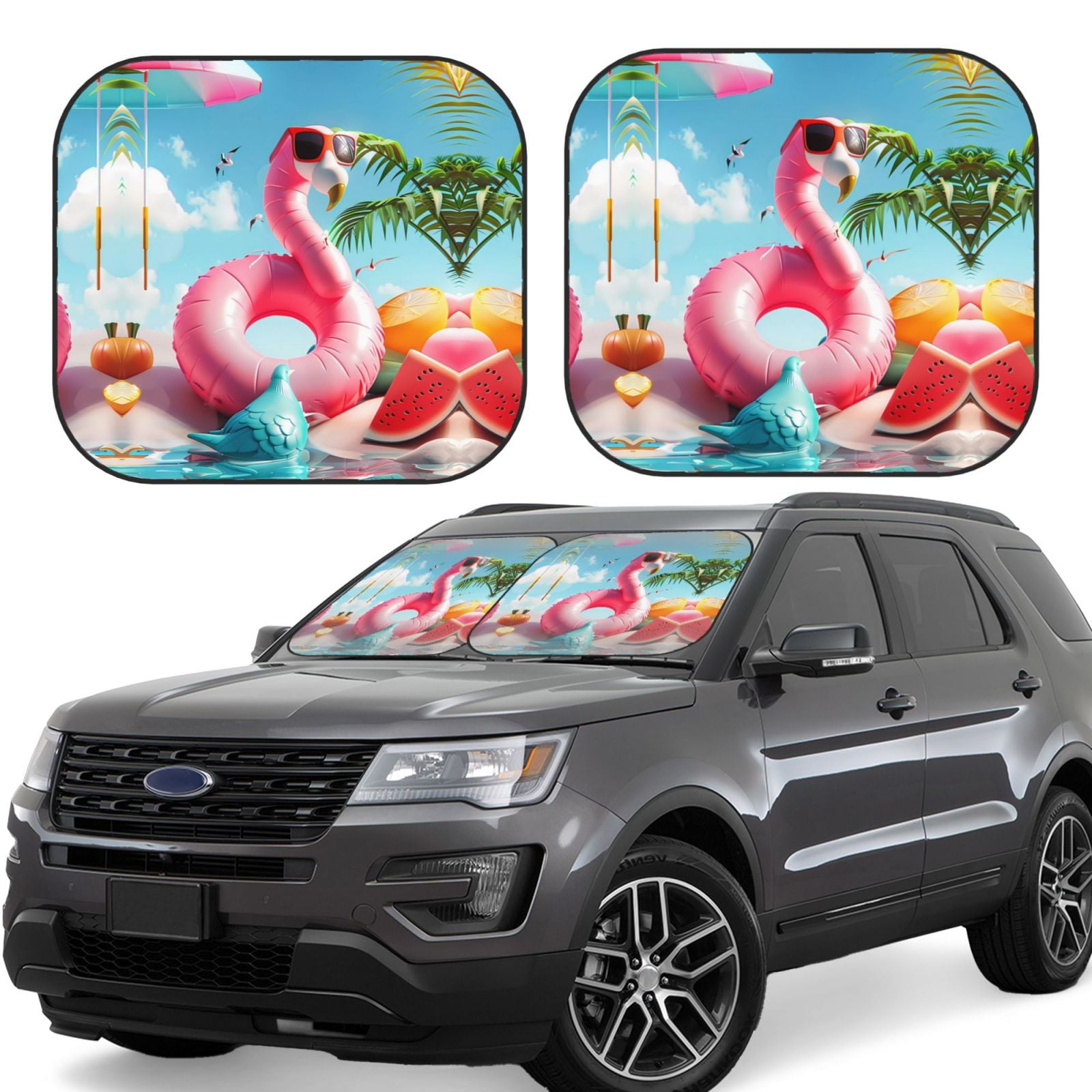 2 Piece Car Windshield Sun Shade - Tropical Flamingo Pool Float ...