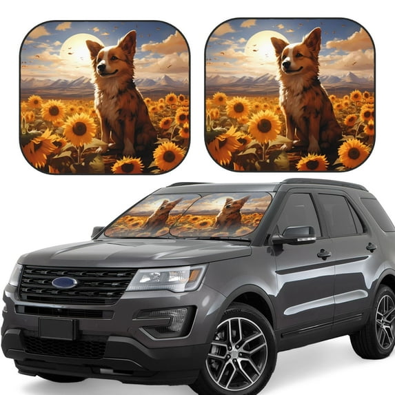 2 Piece Car Windshield Sun Shade - Vintage Cute Corgi Sunflower ...