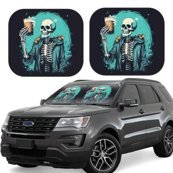 2 Piece Car Windshield Sun Shade - Vintage Skull Beer Foldable Front ...