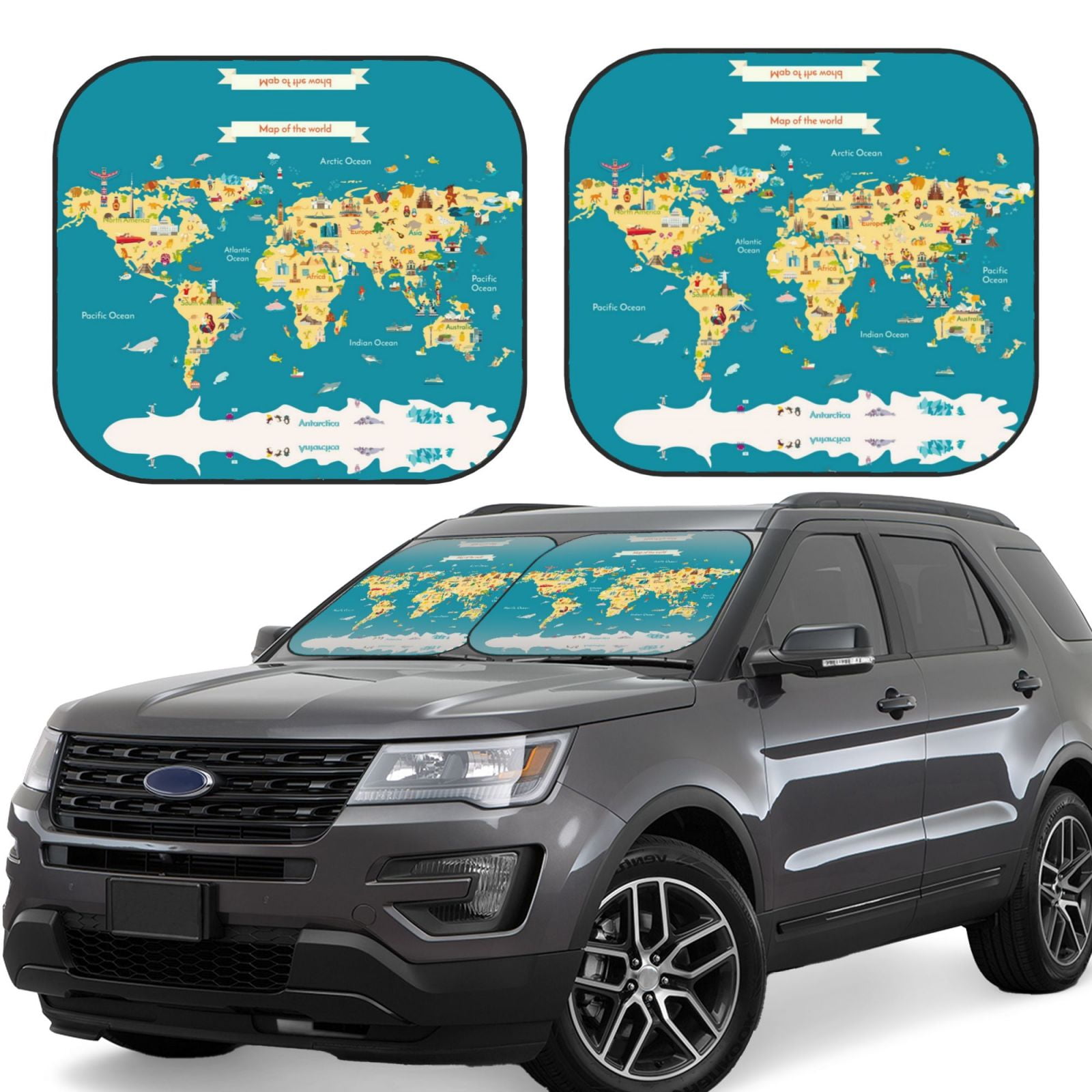 2 Piece Car Windshield Sun Shade - World Map With Landmarks Foldable ...