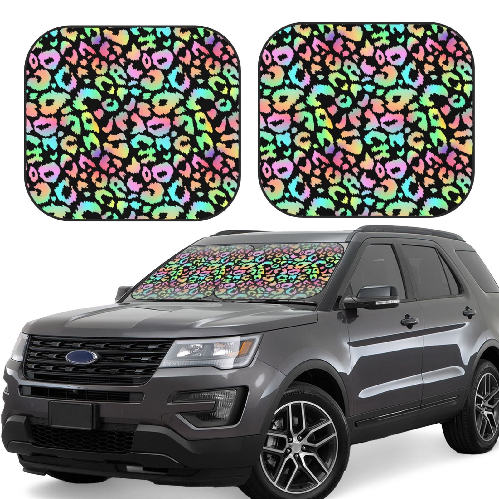 2 Piece Car Windshield Sun Shade - cool Trendy rainbow Leopard black ...