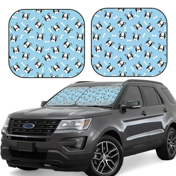 2 Piece Car Windshield Sun Shade - cute Boston Terrier dog bone blue ...