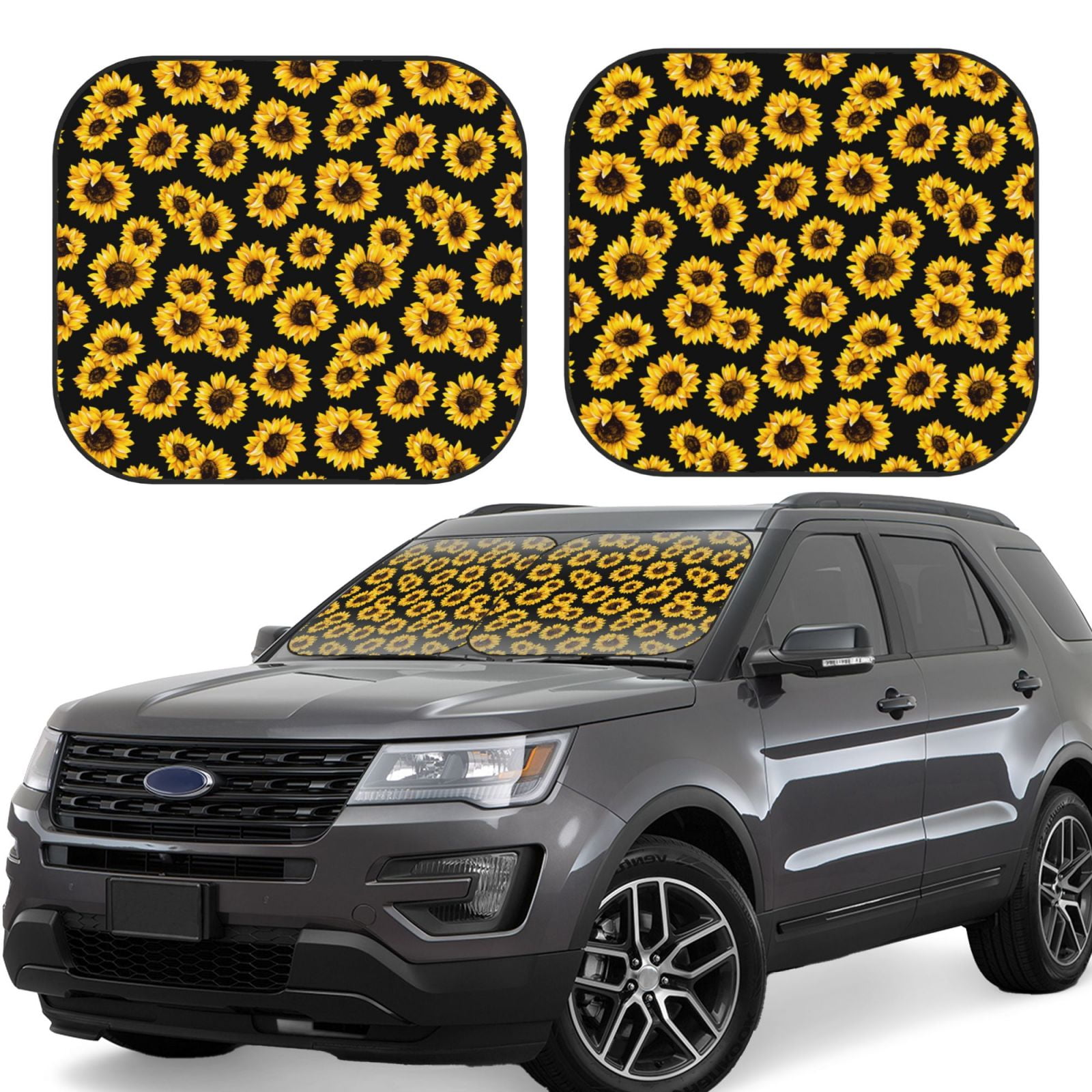 2 Piece Car Windshield Sun Shade - cute Sunflowers black Aesthetic ...