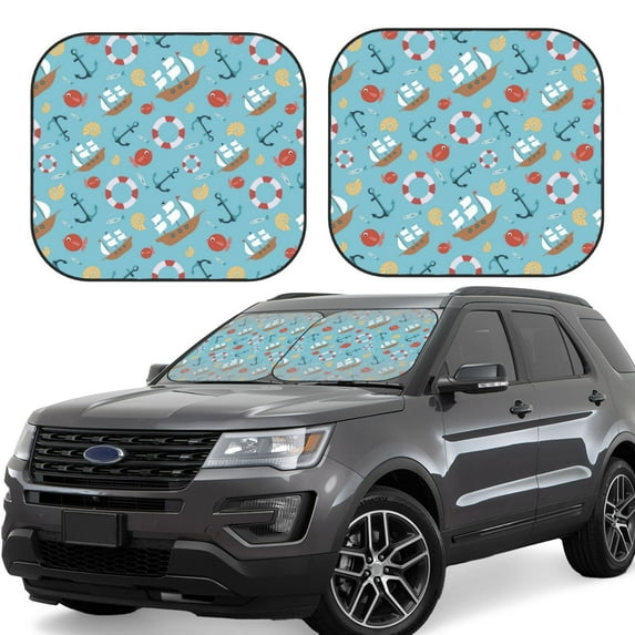 2 Piece Car Windshield Sun Shade - cute ship fish anchor cartoon blue ...