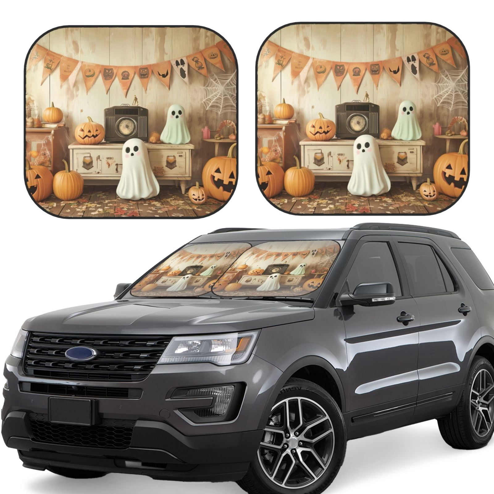 2 Piece Car Windshield Sun Shade - halloween cute ghost pumpkin (2 ...