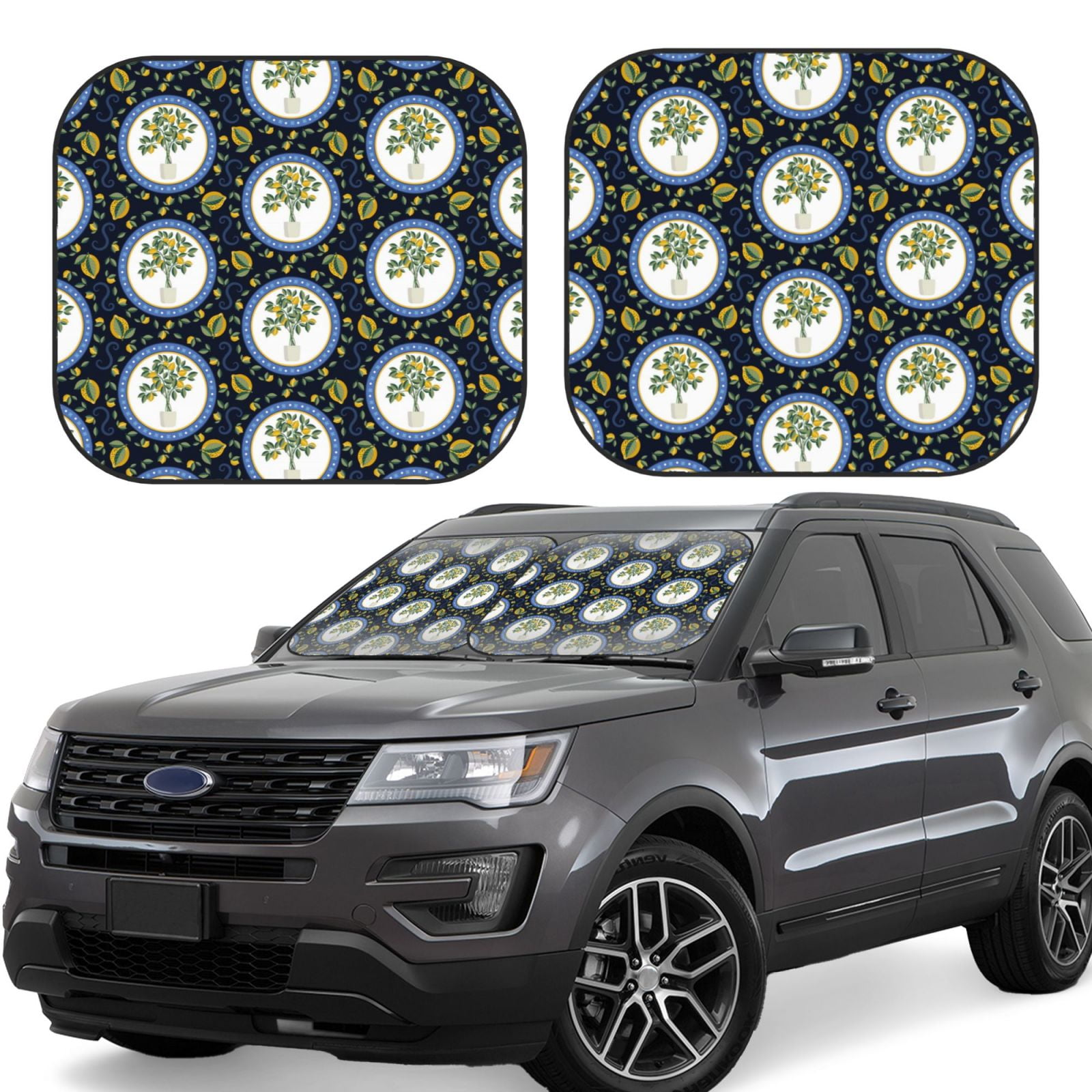 2 Piece Car Windshield Sun Shade - lemons Sicilian style navyblue ...