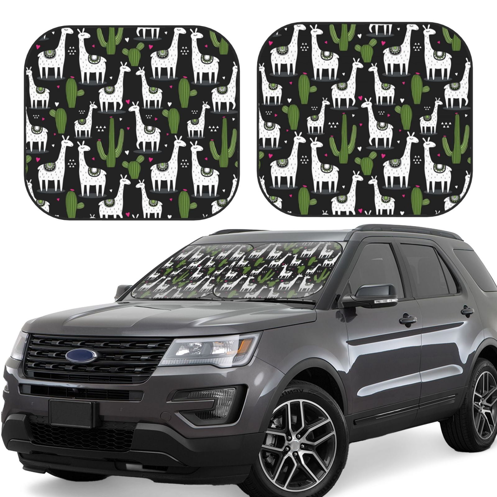 2 Piece Car Windshield Sun Shade - llama alpaca cactus heart black ...