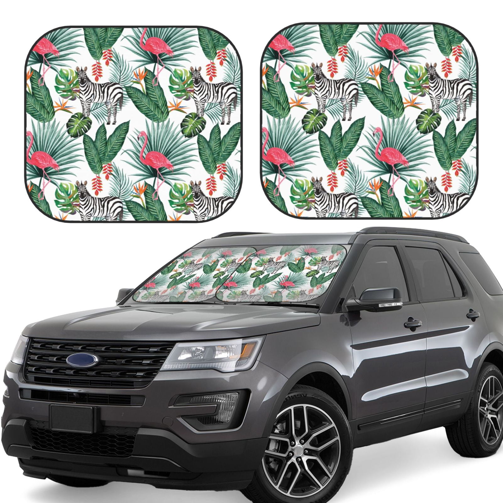 2 Piece Car Windshield Sun Shade - zebra Flamingo Tropical Palm leaves ...