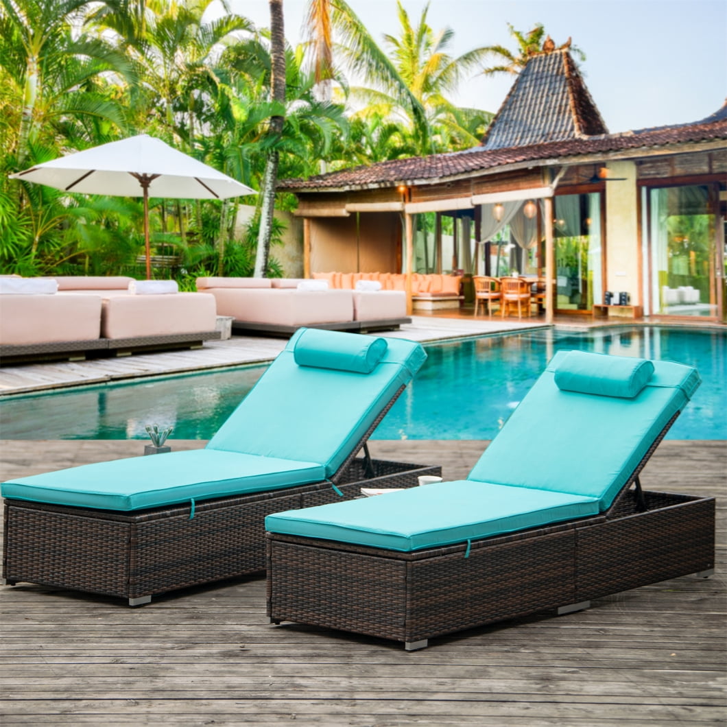 2 Piece Chaise Lounge Chair with Cushions and Head Pillows, PE Wicker ...