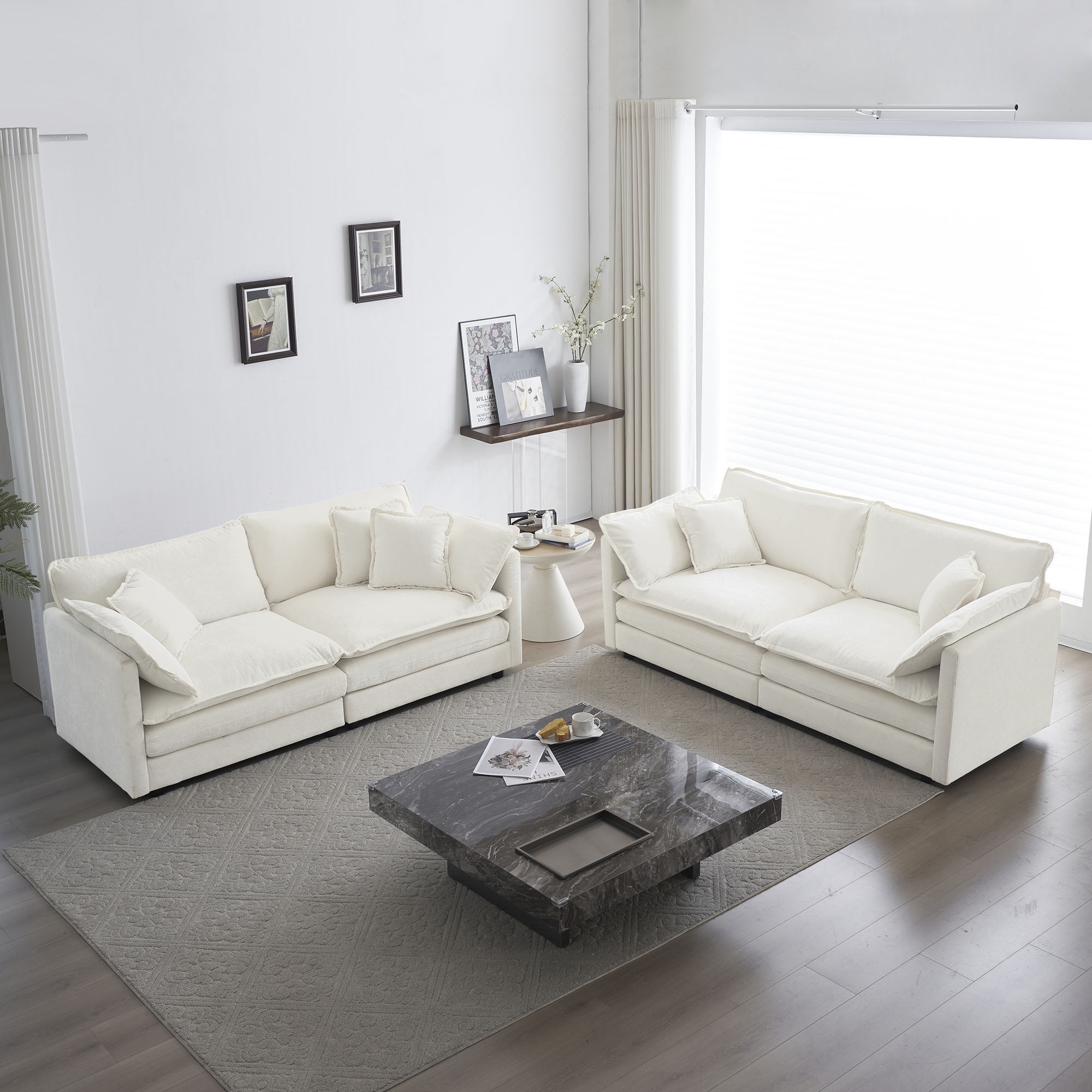 2-Piece Chenille Upholstered Sofa Set, 2+2 Seater Sofa and Loveseat ...