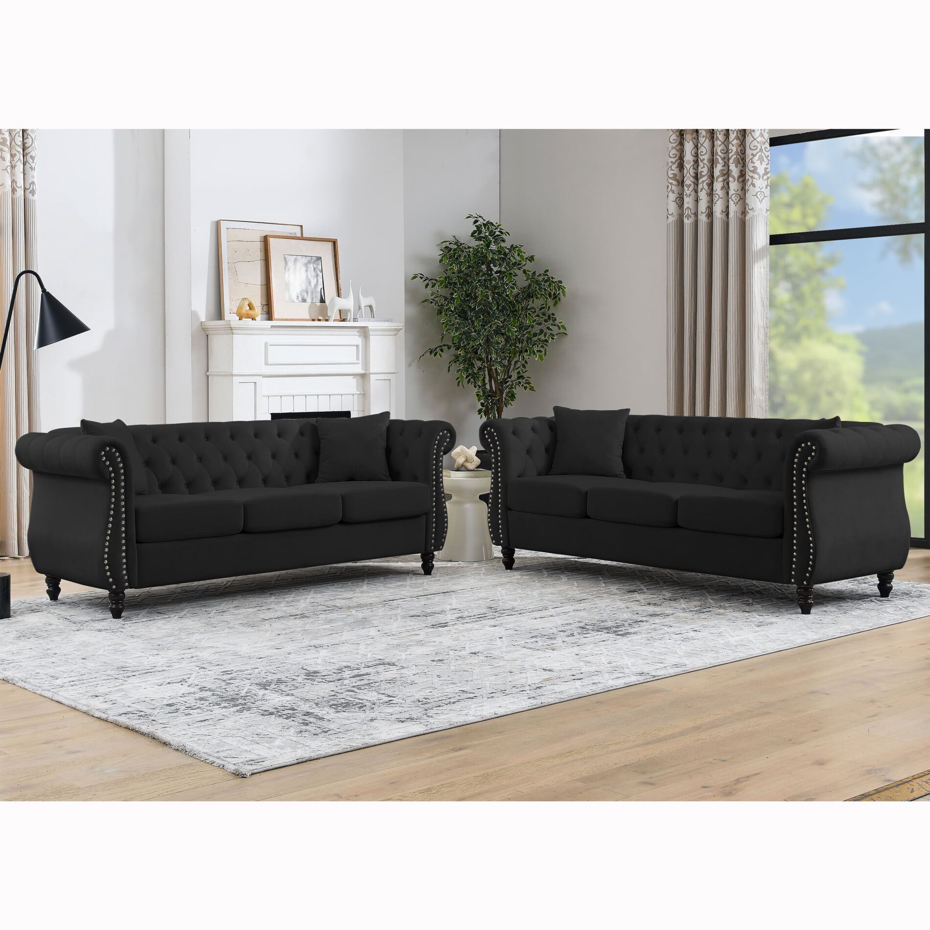 2-Piece Chesterfield 3-Seater and 3-Seater Combination Sofa, Accent Large Sofa Tufted Couch with ...