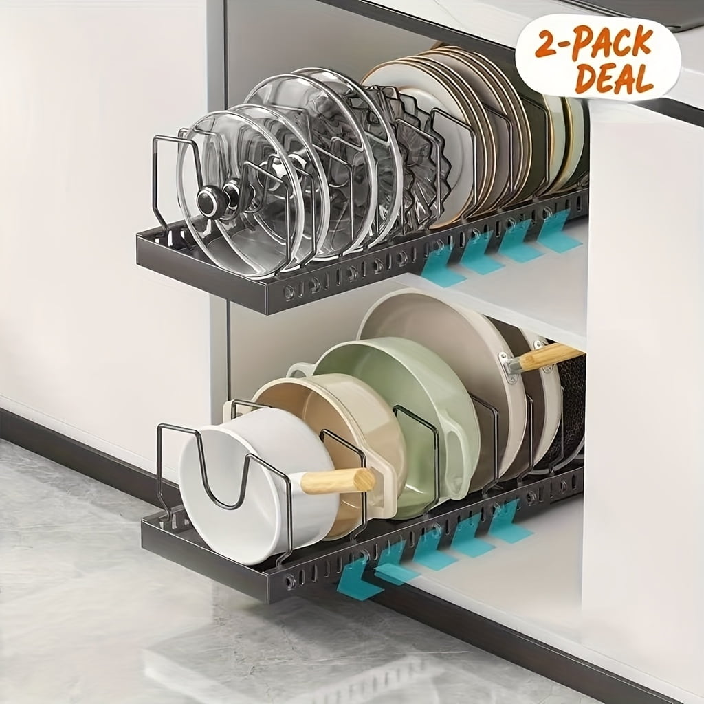 2-Piece Cookware & Frying Pan Storage Racks + Pull-Out Lid Organizer ...