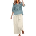 2 Piece Cotton Linen Sets for Women Summer Embroidered V Neck Shirts ...