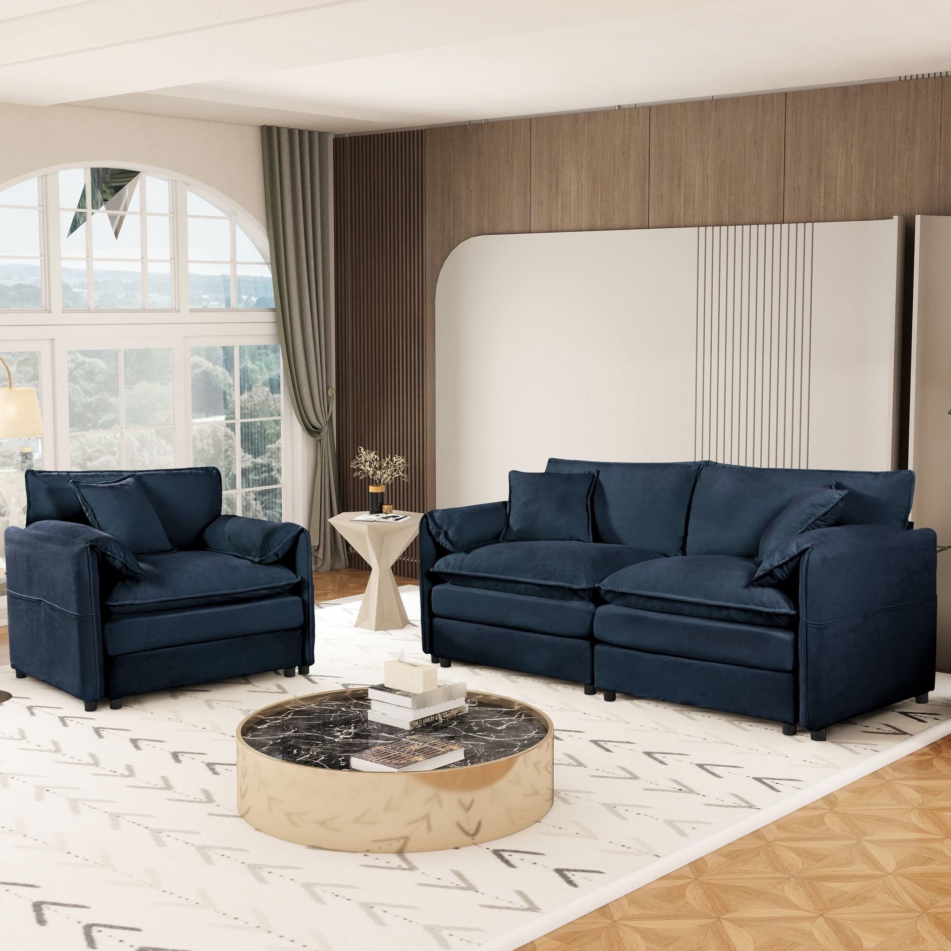 2 Piece Couch & Armchair In Blue Chenille, Modern Style, 3 Pillows ...