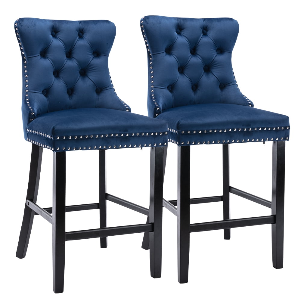 2 Piece Counter Height Bar Stools, Velvet Upholstered Bar Stools Set of ...