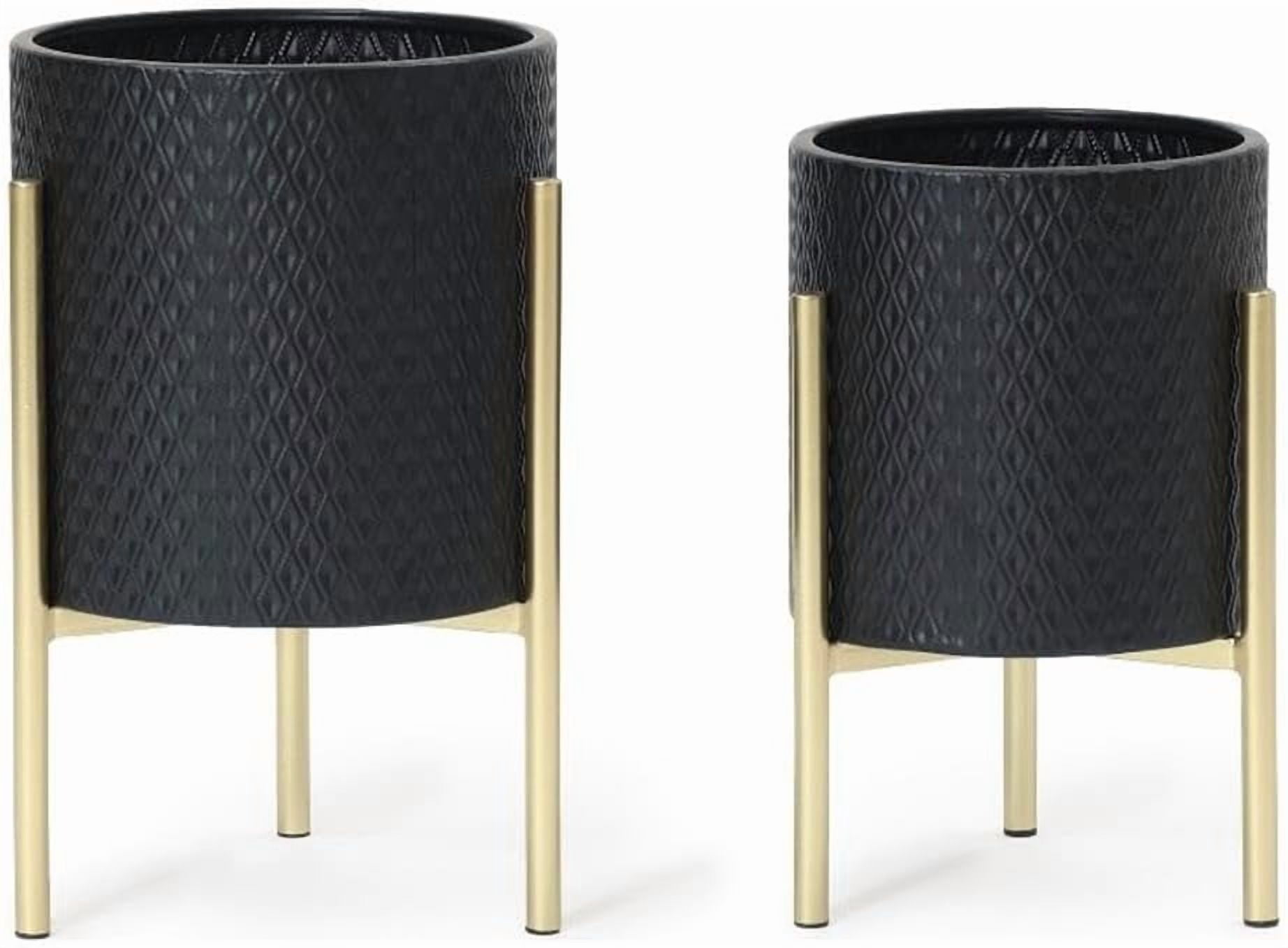 2-Piece Diamond Pattern Round Metal Cachepot Planter Set, Black Planter ...