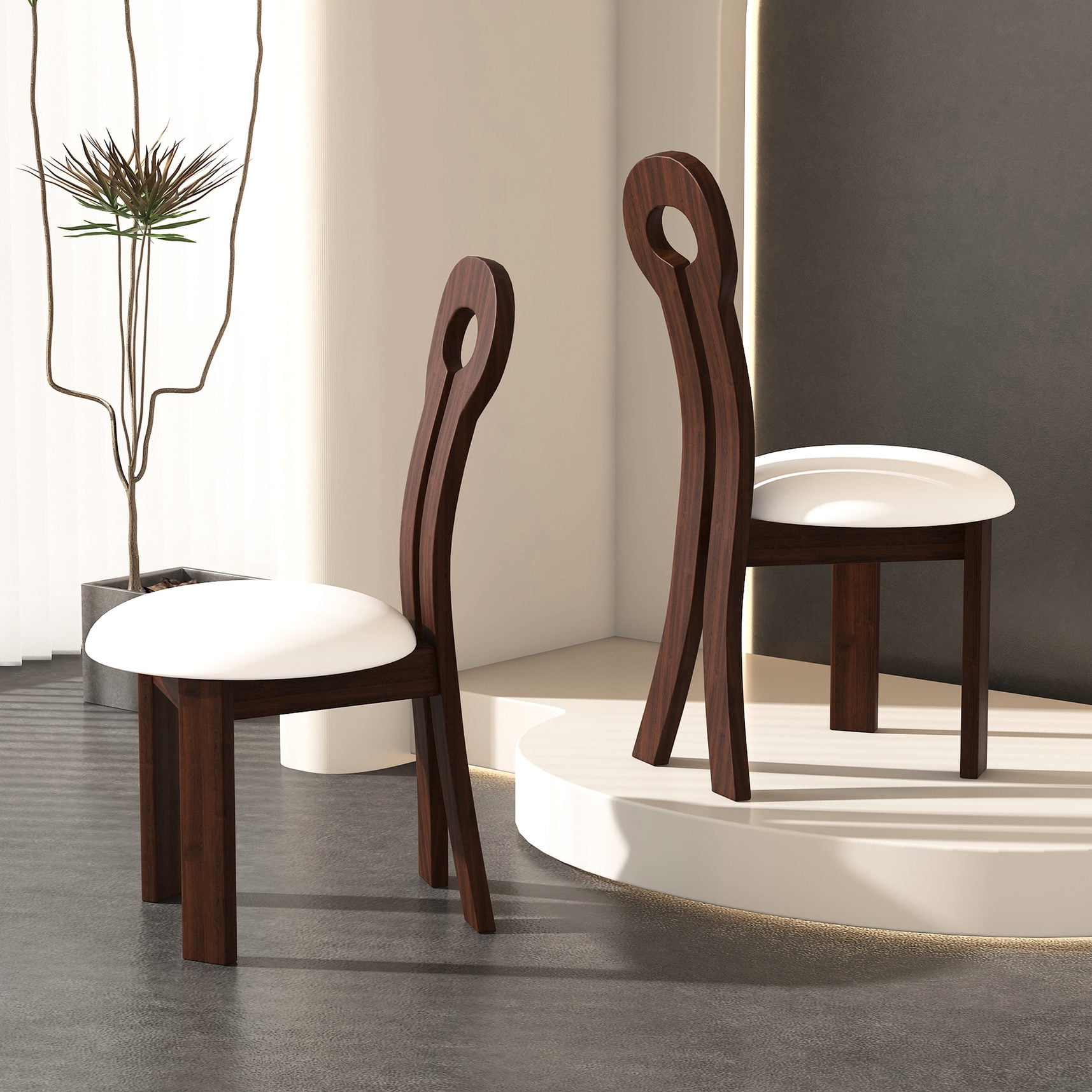 2 - Piece Dining Chair Set, Walnut Brown, PU Leather & Solid Wood | Key ...
