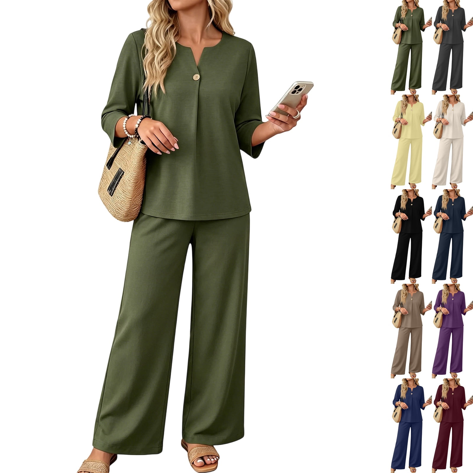 2 Piece Dressy Outfits for Women Three Quarter Sleeve Button V Neck Tee ...