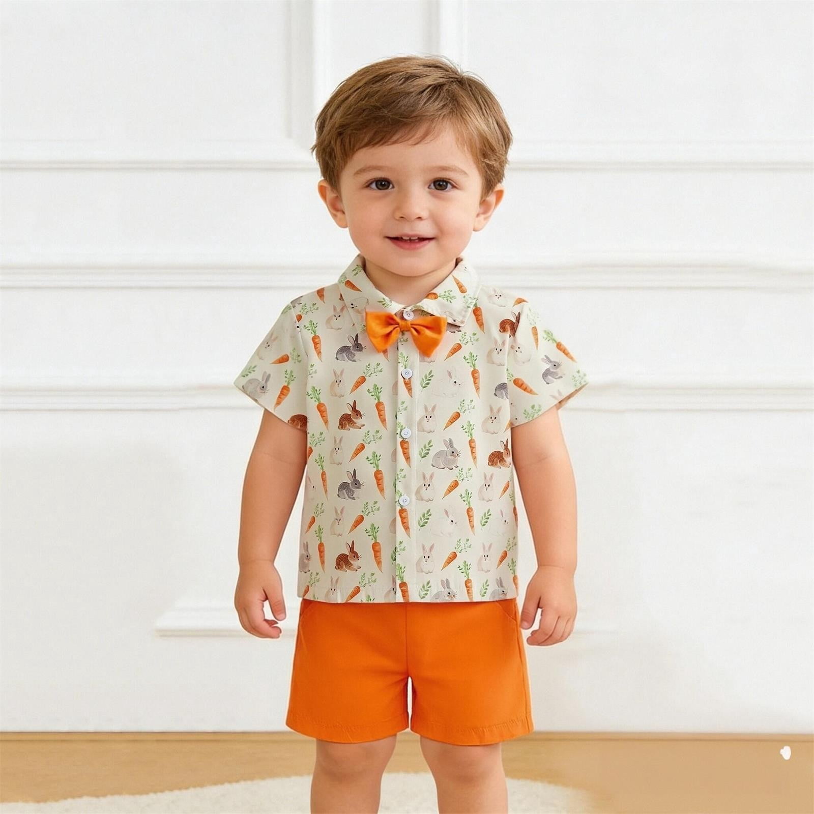 2-Piece Easter Boys Set Cartoon Print Bow Short Sleeve Shirt Solid ...