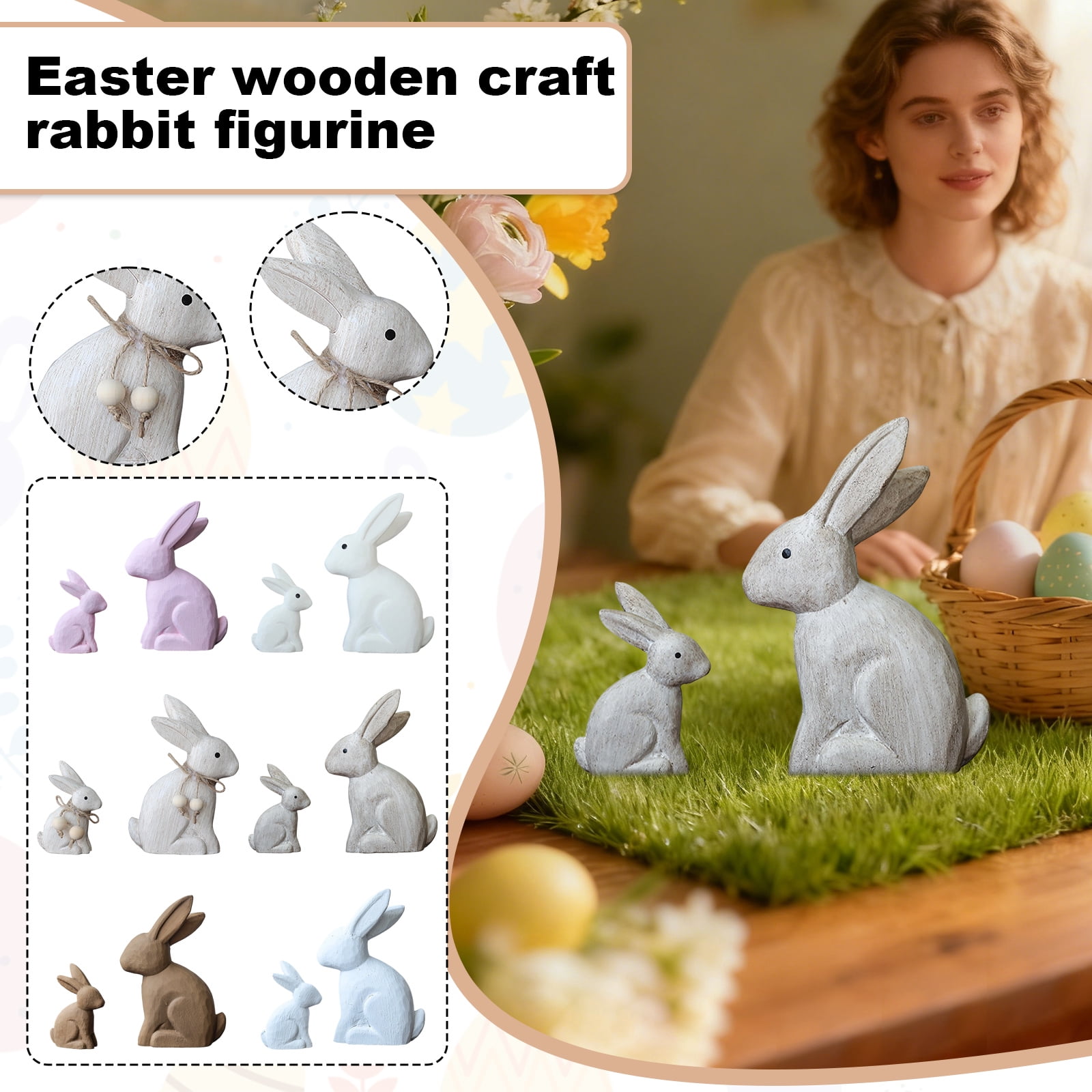 2-Piece Easter Wooden Rabbit Figurine Set With Jute Rope Accents ...