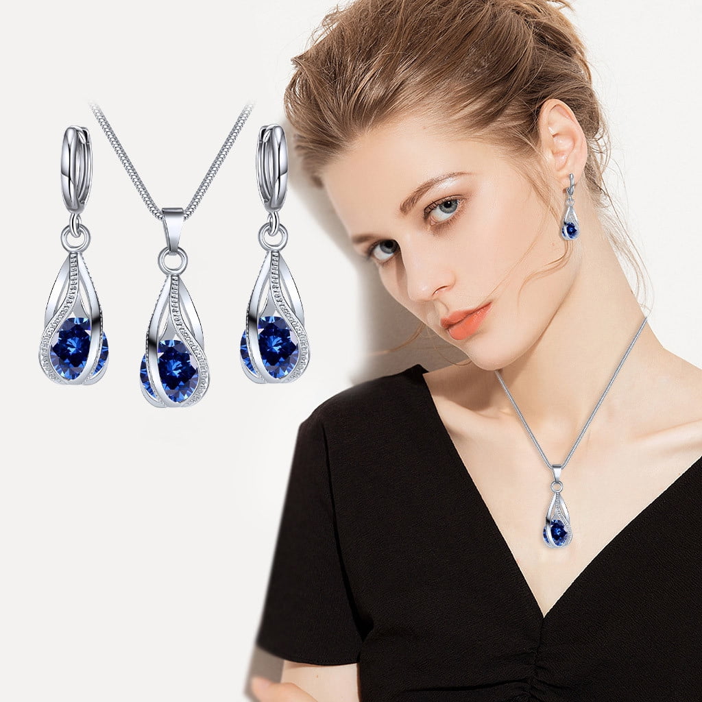 2-Piece Elegant Dark Blue Zircon Crystal Rotating Pendant Earring ...