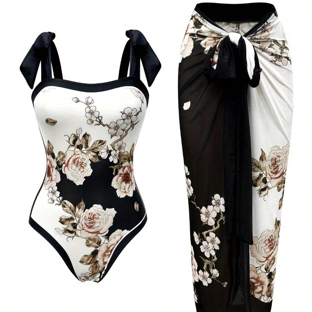 2-Piece Elegant Floral One-Piece Swimsuit with Sheer Wrap Skirt ...