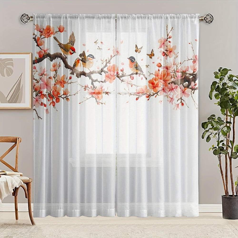 2-Piece Enchanted Forest Fairy Butterfly Sheer Curtains Rod Pocket Design For Living Room ...