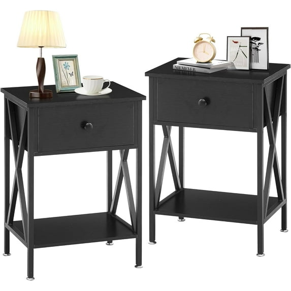 2-Piece End Side Tables - Black Modern Nightstands with Drawer ...