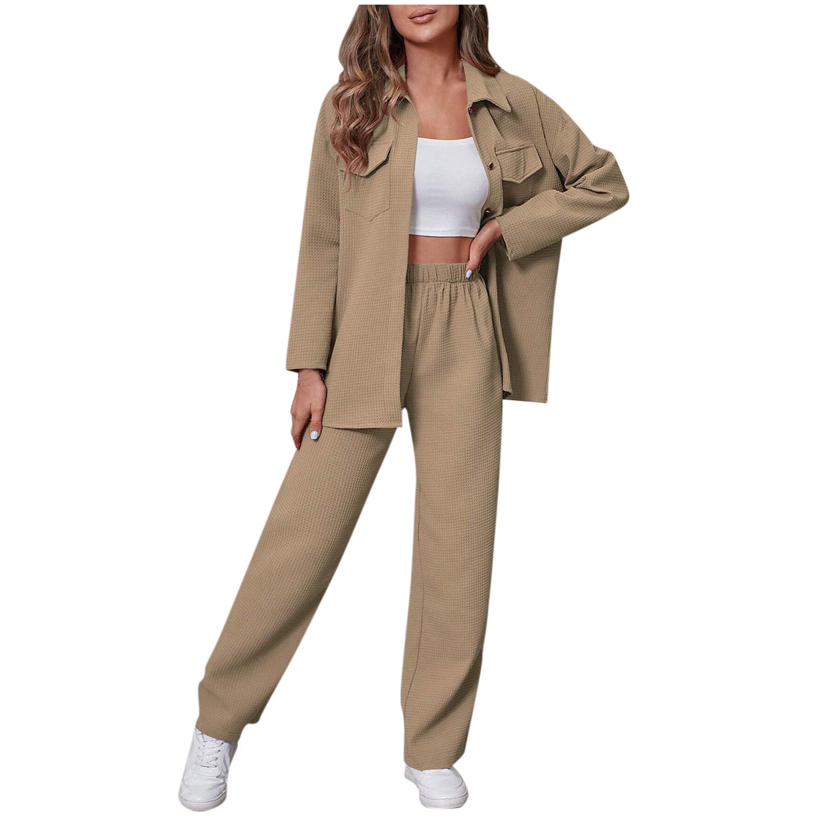 2 Piece Exercise Tracksuit 2 Piece Outfits for Women Casual Waffles ...